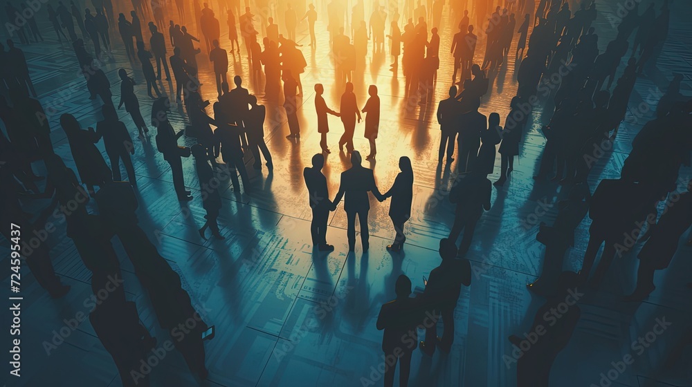 Busy corporate networking event in a spacious hall, with silhouetted ...