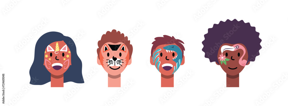 Cartoon Color Characters Kids Face Painting Concept Flat Design Style ...