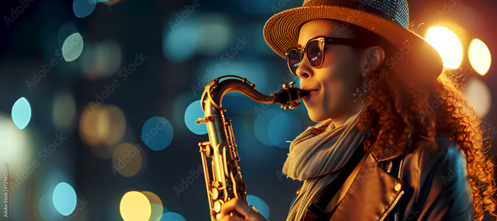 Street style woman saxophonist under city lights, jazz night banner ...