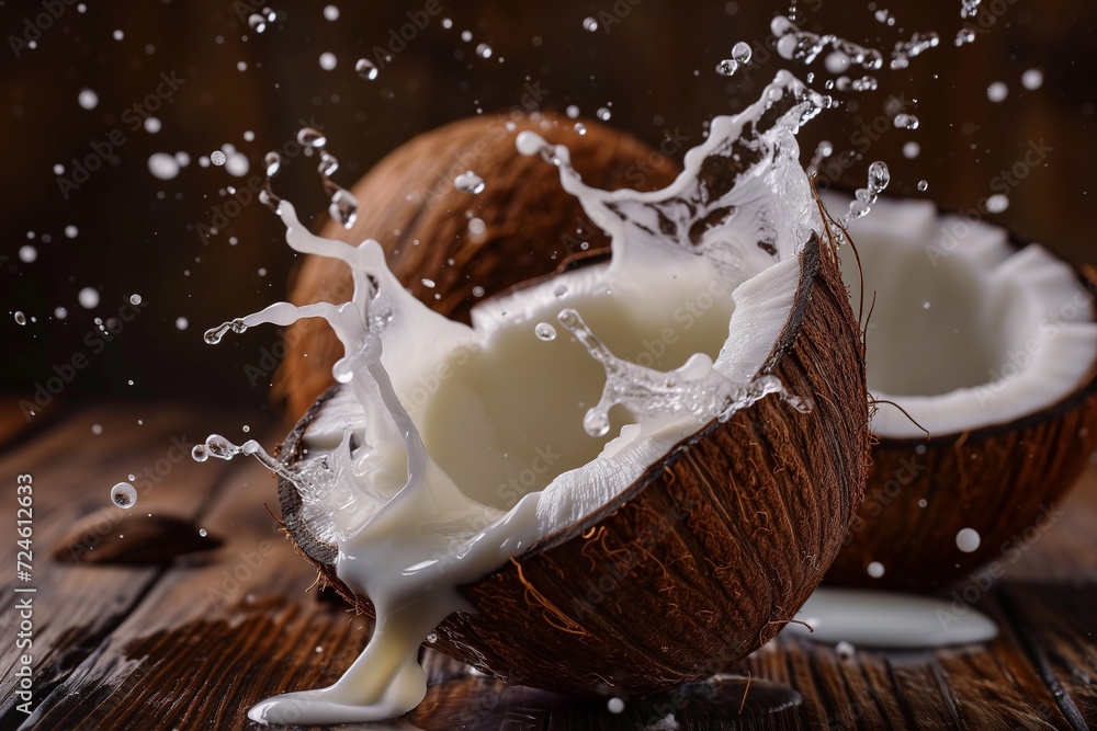 Splashing coconut. Action shot of half a coconut splashing milk. Fresh ...