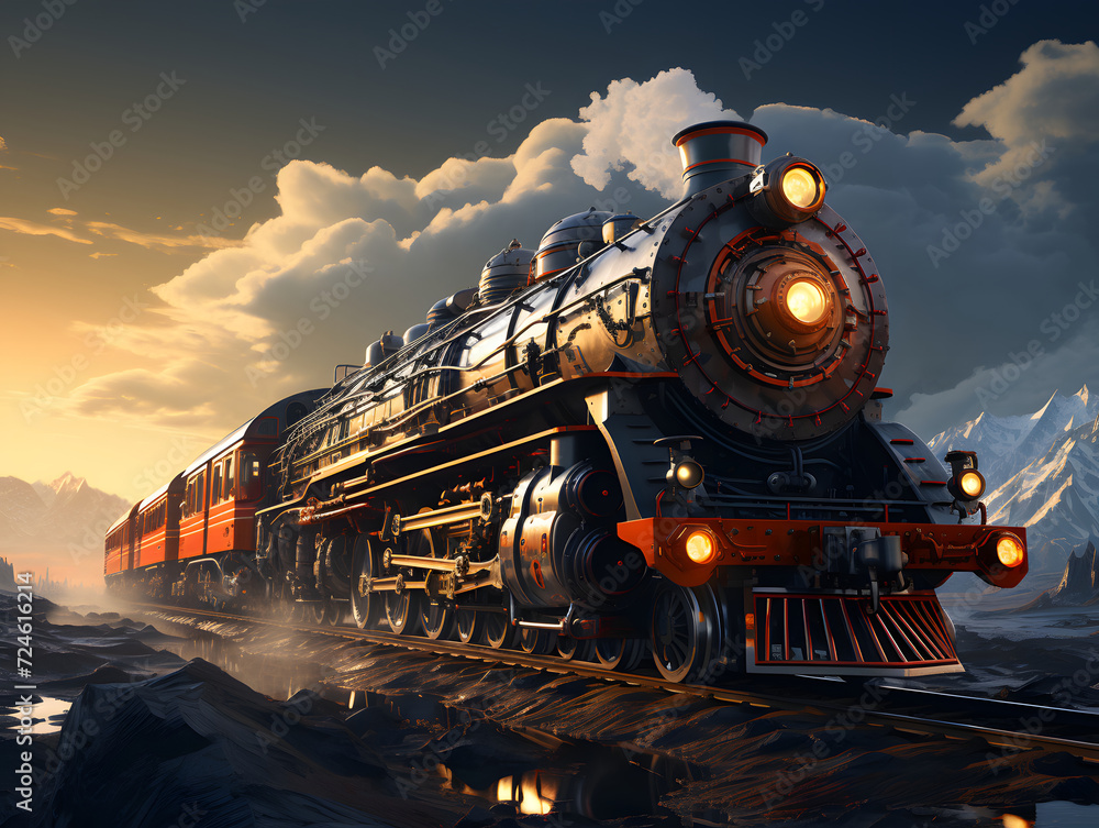 A train in a steam locomotive, fire oozing around its wheels Stock ...