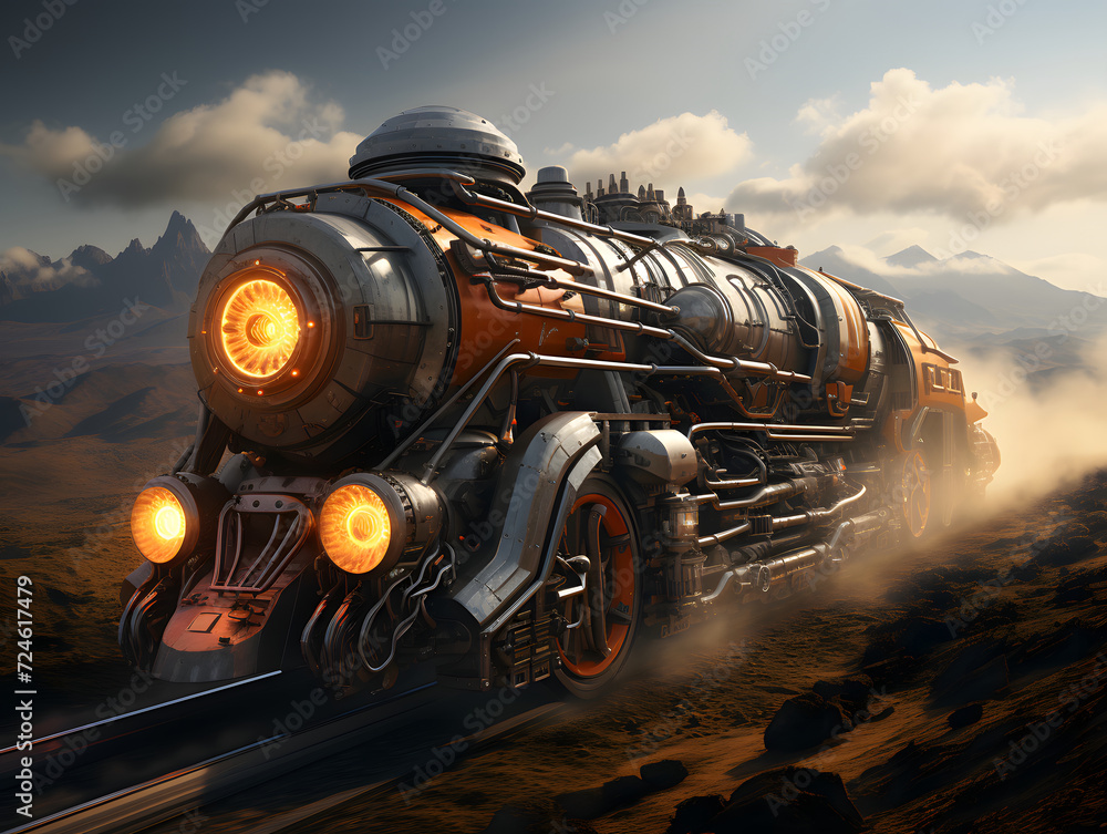 A train in a steam locomotive, fire oozing around its wheels Stock ...