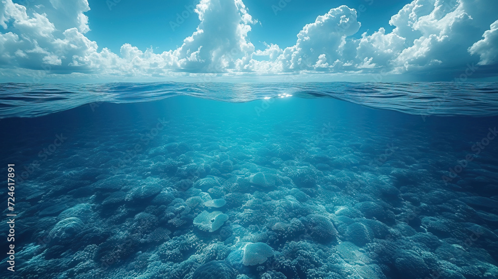 Dark blue water of a deep ocean with sun rays reaching the rocky seabed ...