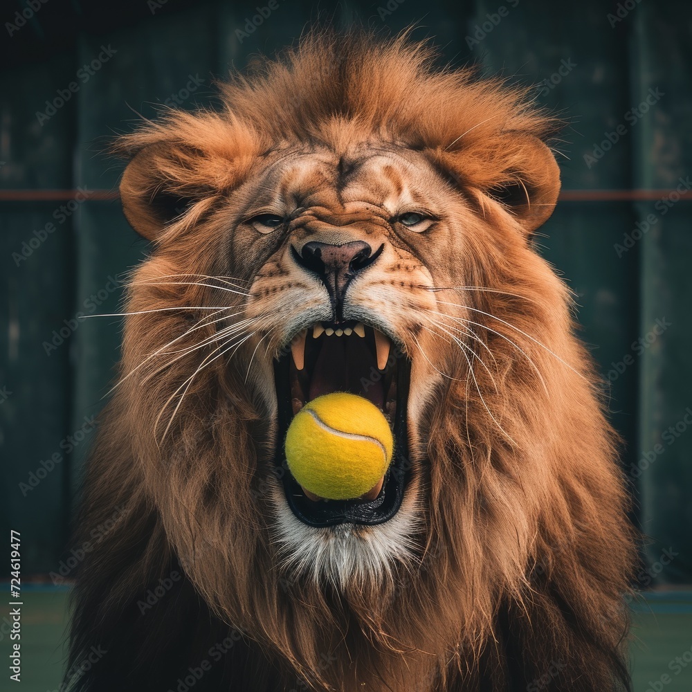 A majestic masai lion proudly holds a tennis ball in its mouth, exuding ...