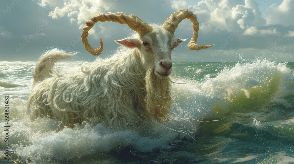 realistic Capricorn goat with horns and fish tail, gazing at the ...