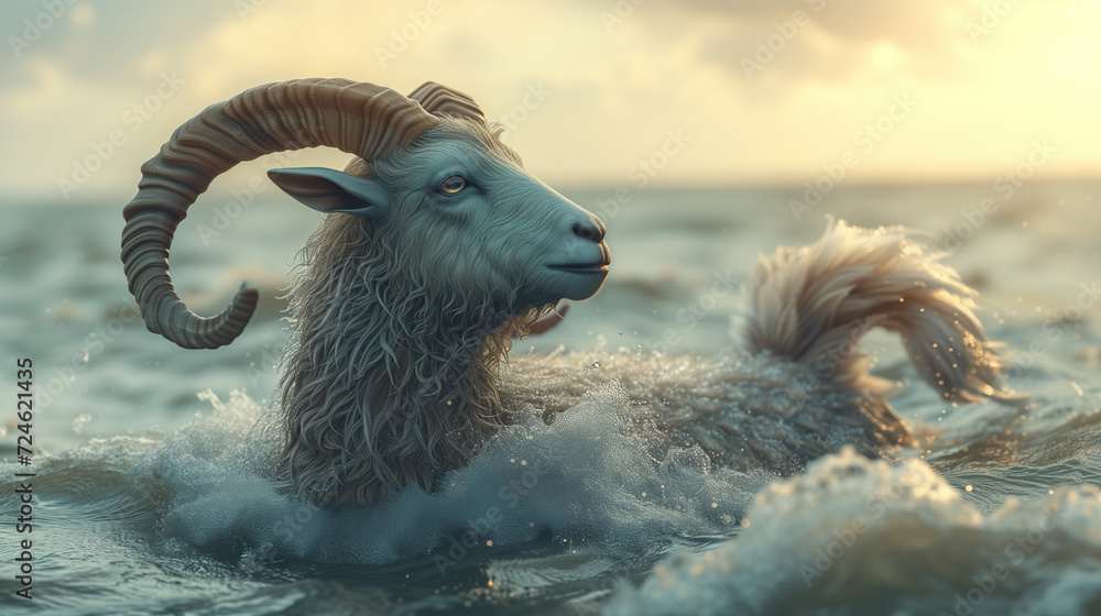 realistic Capricorn goat with horns and fish tail, gazing at the ...