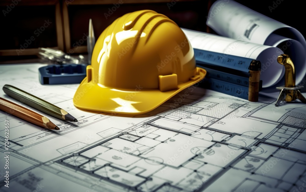 top view of building plan map and helmet Stock Photo | Adobe Stock