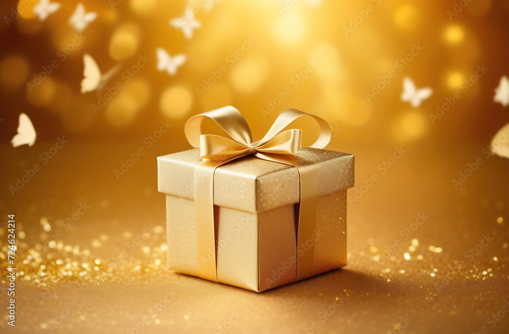 Gold gift box with gold ribbon on a gold background with bokeh and ...