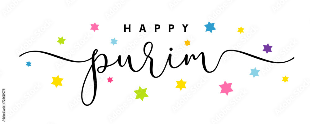 Happy Purim elegant calligraphy logo and colored stars. Chag Purim ...