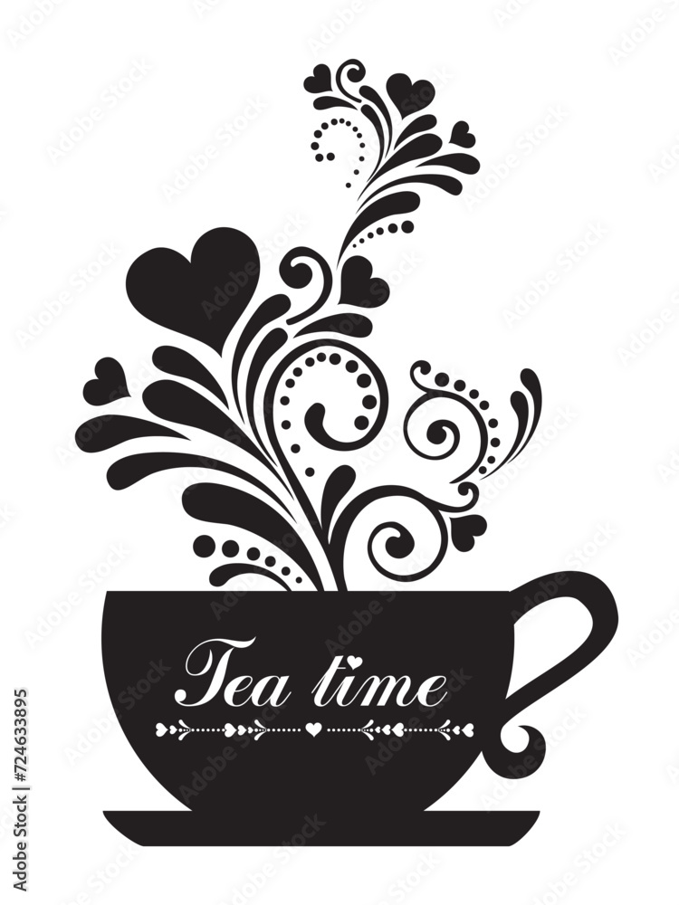 Cute tea time card. Cup with floral design elements. Menu for ...
