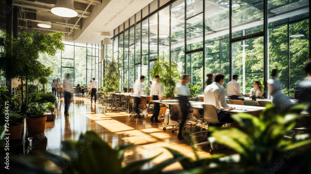 Modern eco-friendly office space with employees working and walking ...