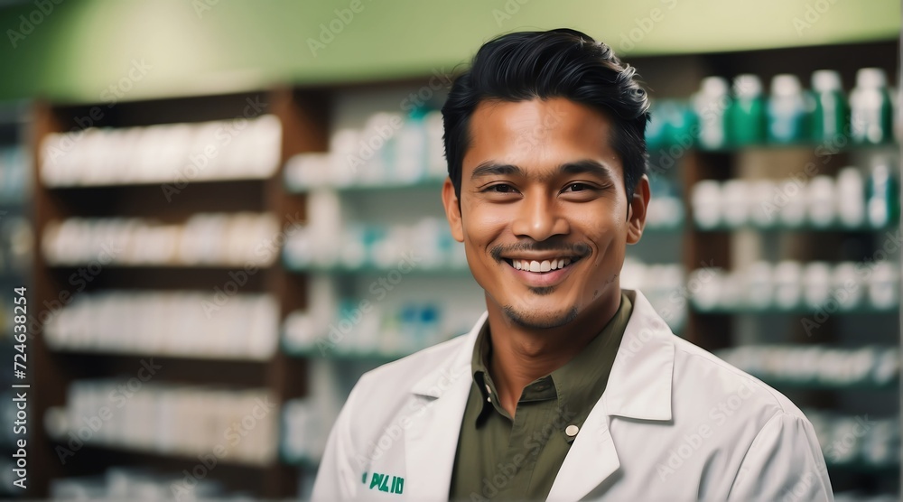 Portrait of smiling happy filipino male pharmacist on a drug store ...
