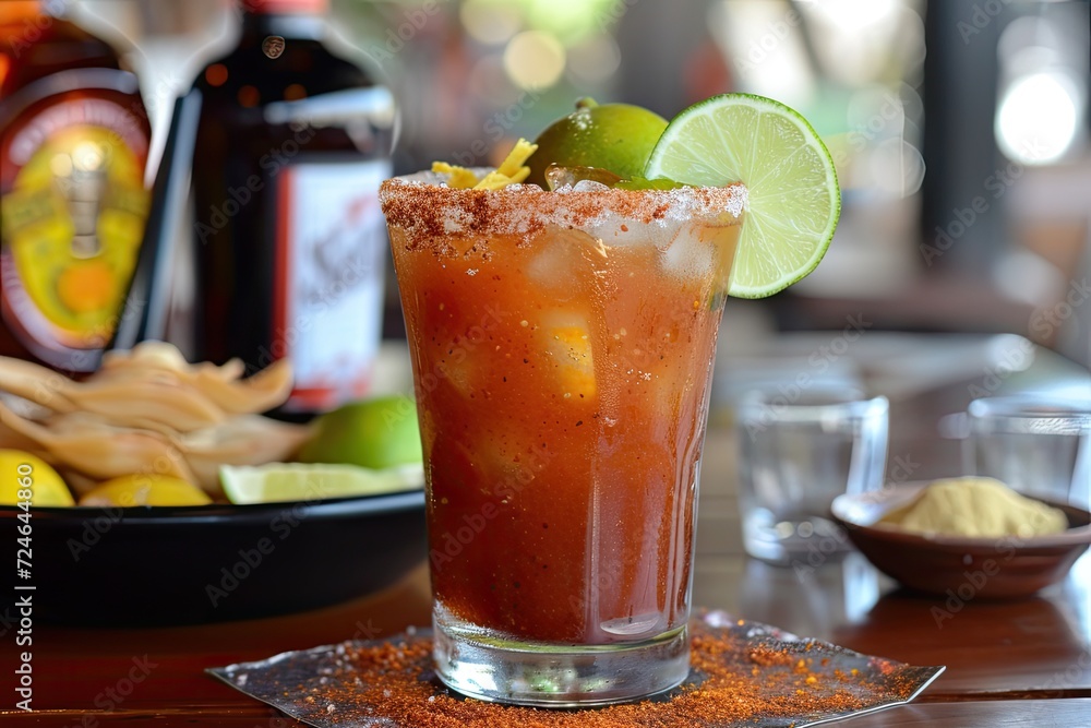 Authentic Mexican michelada draft beer mixed with clamato juice lime ...