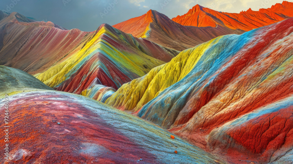 Amazing scenery of Rainbow mountain and blue sky background in sunset ...