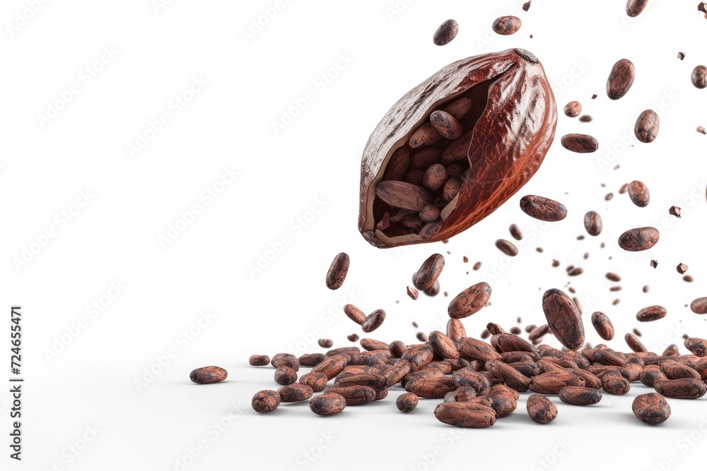 Cocoa pod and cracked beans floating high res image on white background ...
