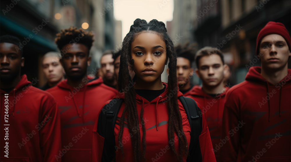 Young activists unite in a vibrant black and red protest, captured with ...