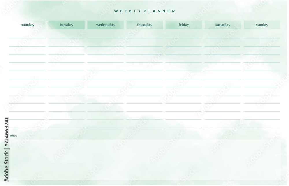 Weekly Planner with Sage Green Watercolor Stains on White Background ...