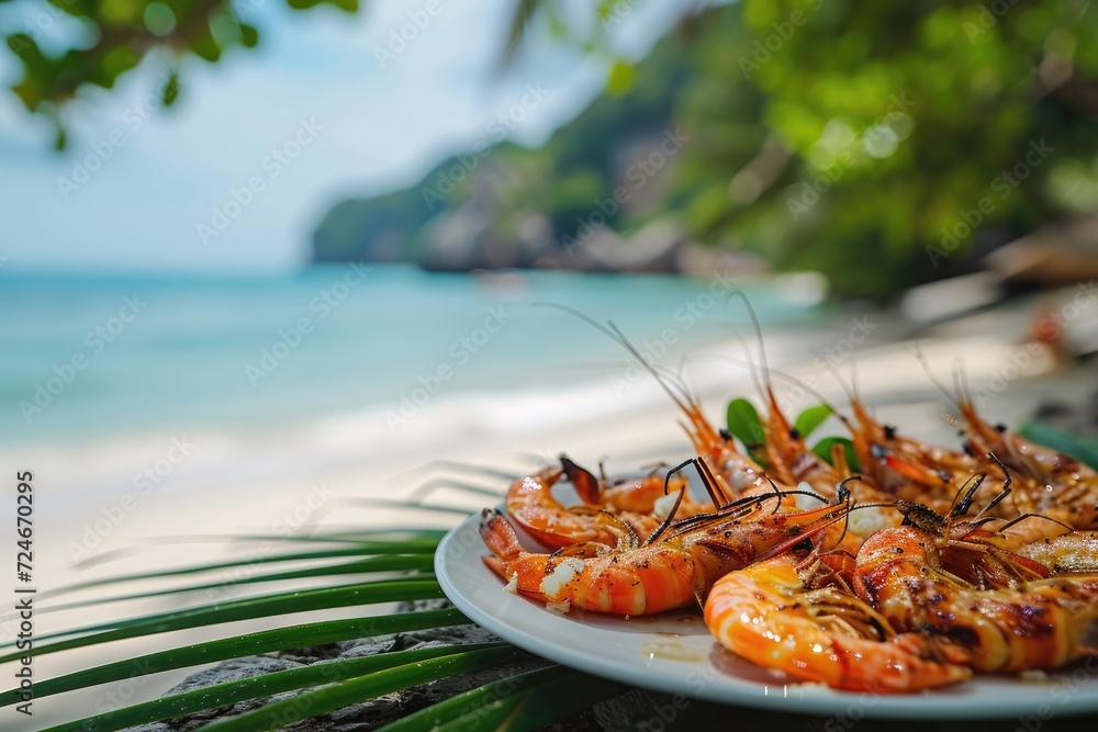 Exotic Beach Culinary Delight: Chef Presents Grilled Coconut Shrimp on ...