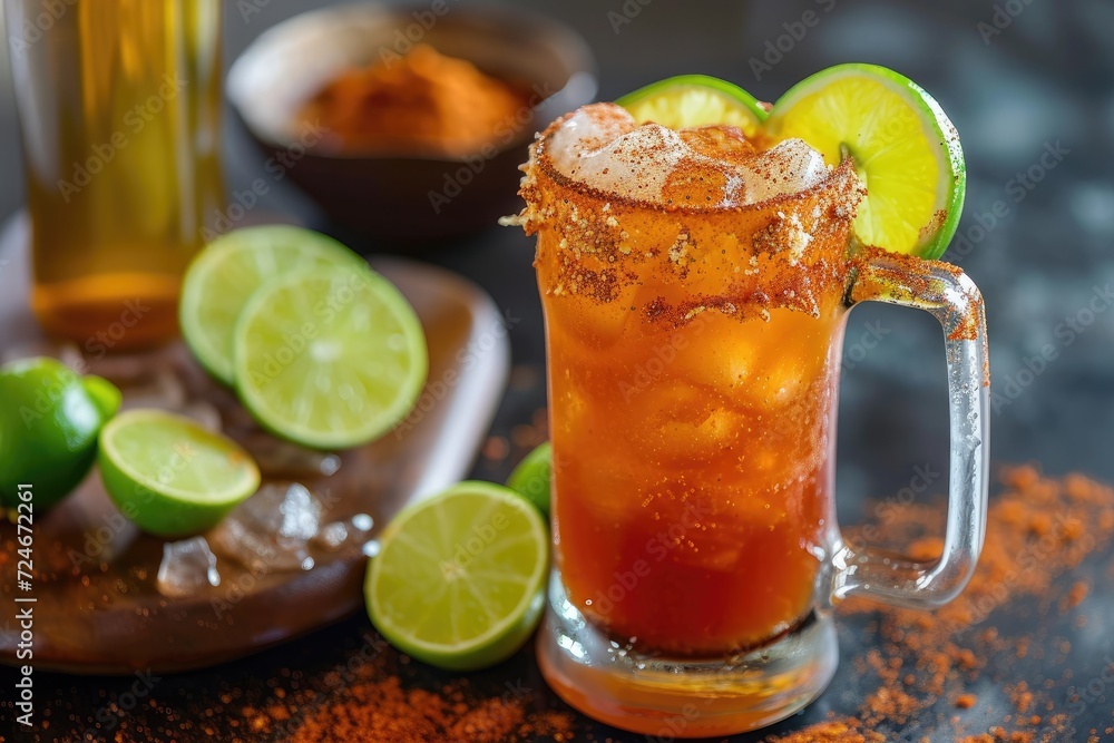 Making a Michelada a Mexican beer cocktail using lime tajin clamato etc ...