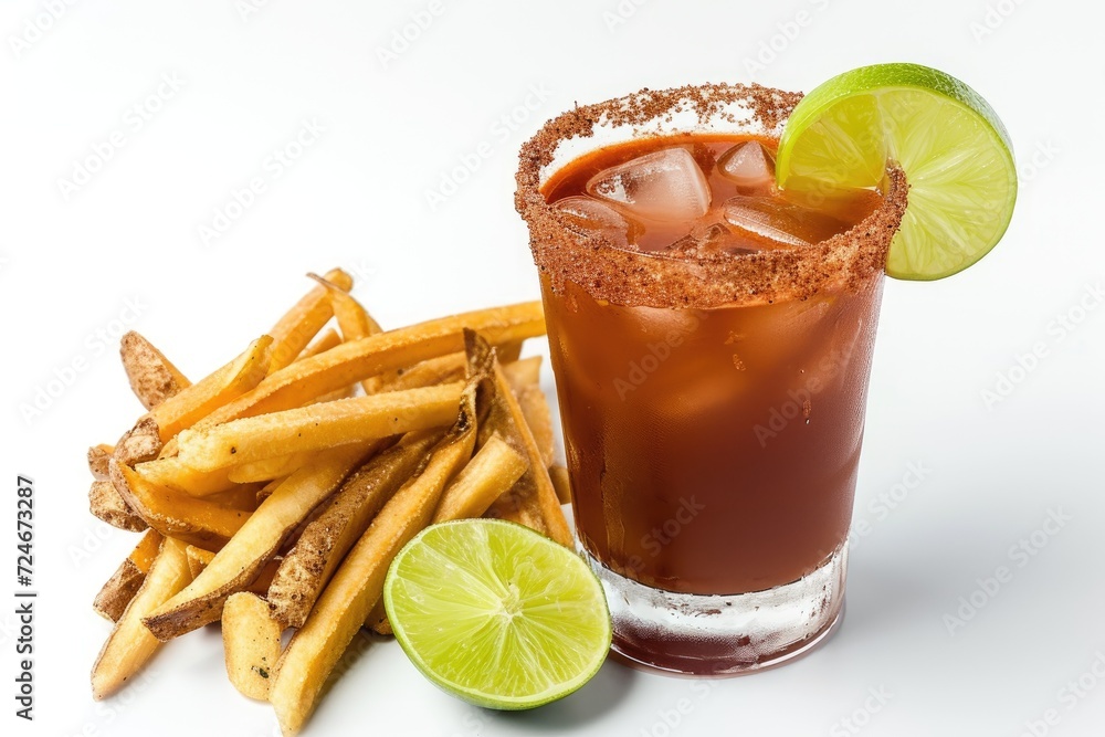 Mexican beer beverage with chamoy and clamato served with fries on a ...