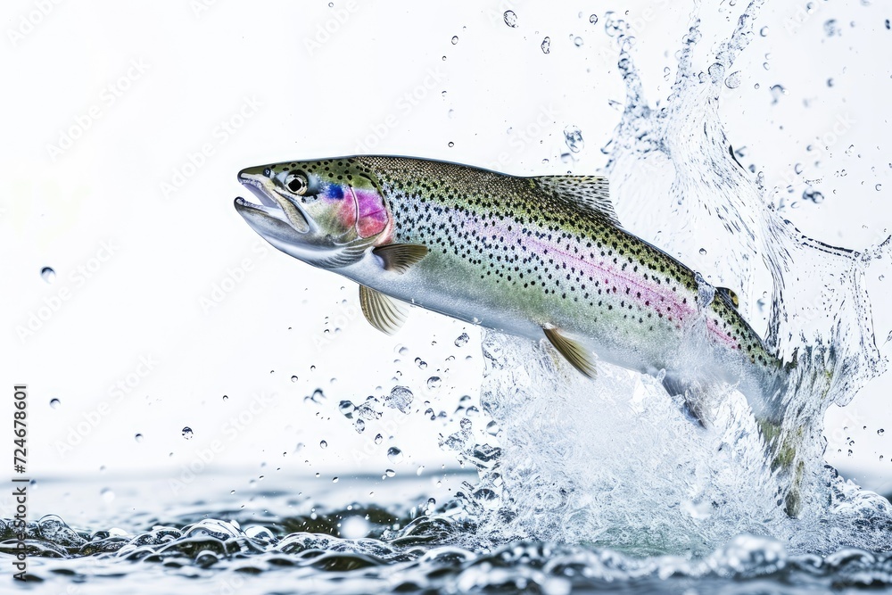 Rainbow Trout in mid air surrounded by water splash on a white ...
