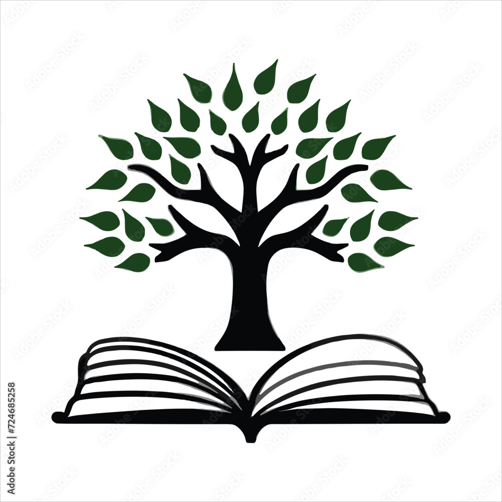Knowledge tree from open book black and white on white background Stock ...
