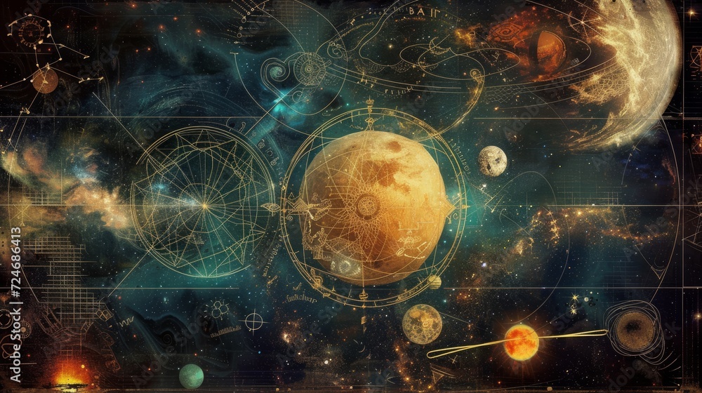 Produce a celestial-themed artwork using cosmic imagery, scientific ...