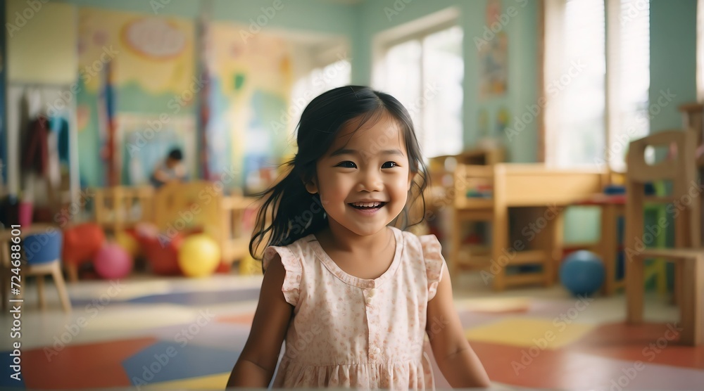 Portrait of a happy kid filipino girl playing on a kindergarten room ...
