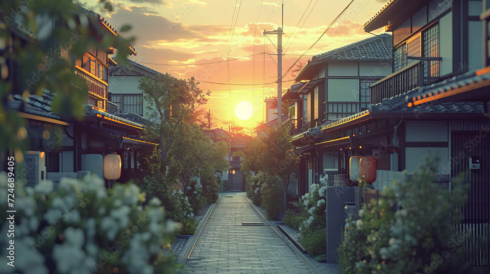 Sunset Over Traditional Japanese Street, warm sunset bathes a ...