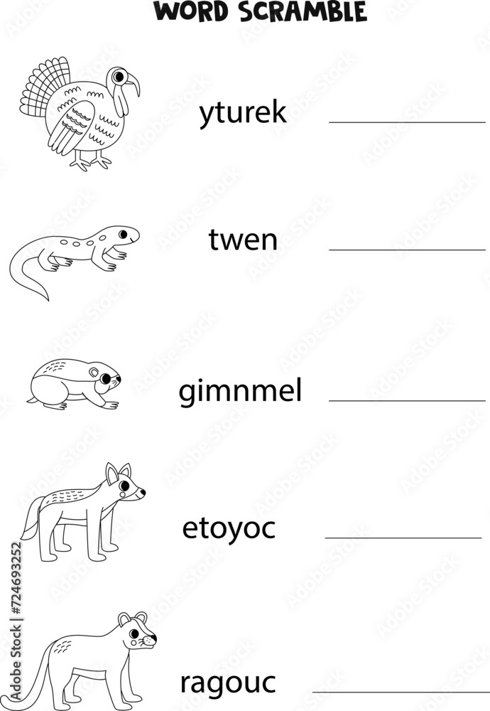 Puzzle for kids. Word scramble for children. Black and white North ...