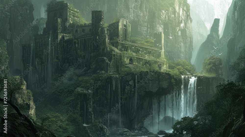 Fantasy landscape with ruins of ancient temples amidst forests and ...