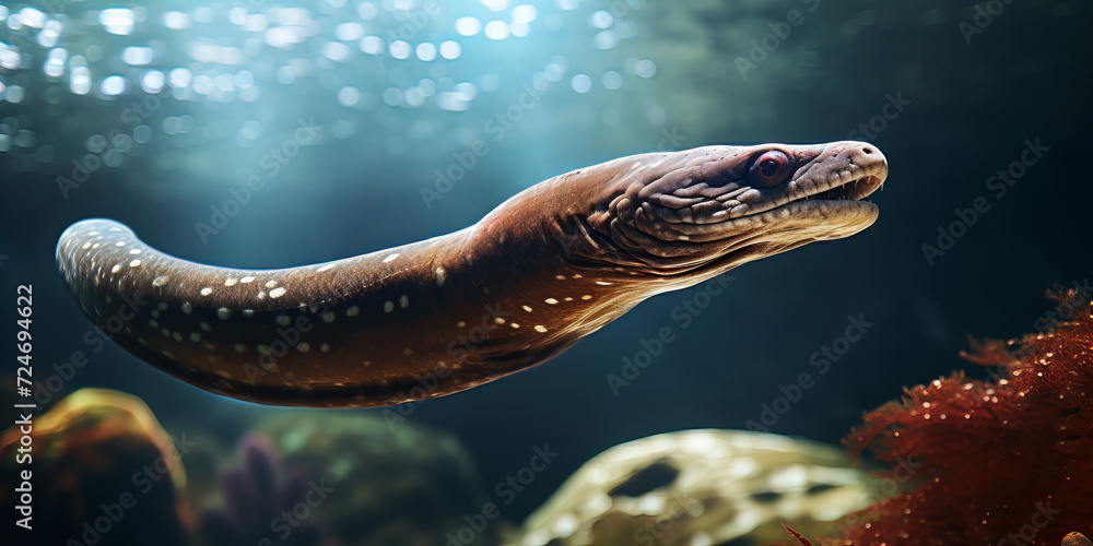 Majestic Underwater Creature: Eel Swimming through Sunlit Depths with ...