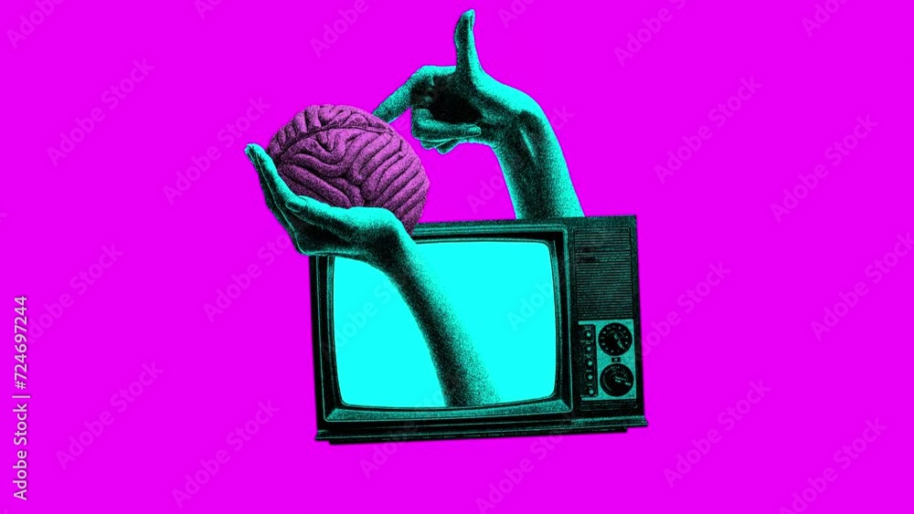 Retro tv set and human hand holding brain against pink background ...