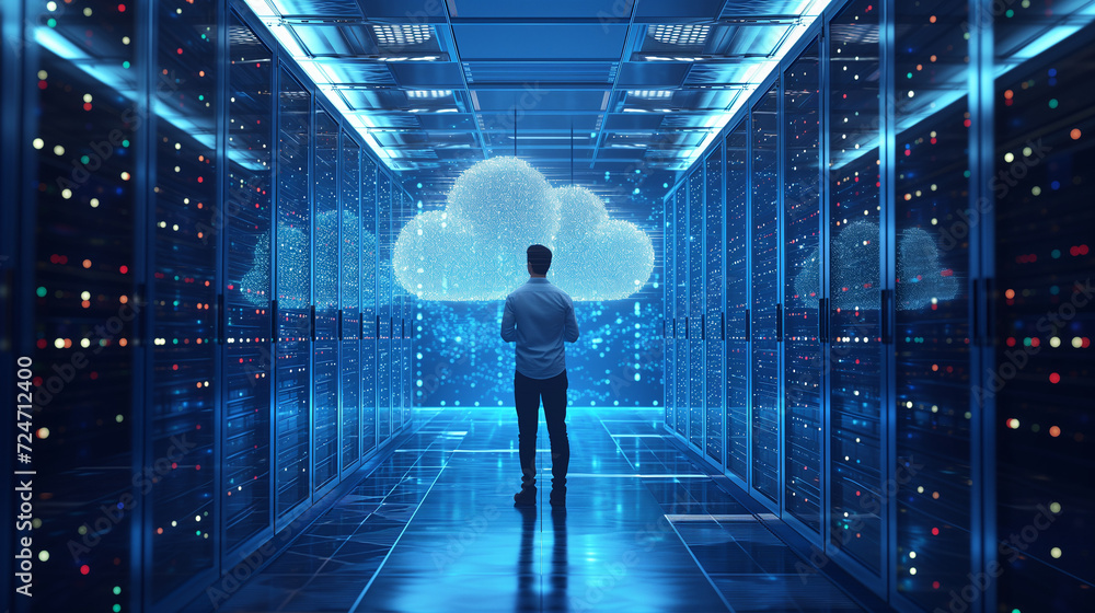 Corridor in Working Data Center Full of Rack Servers and Supercomputers ...