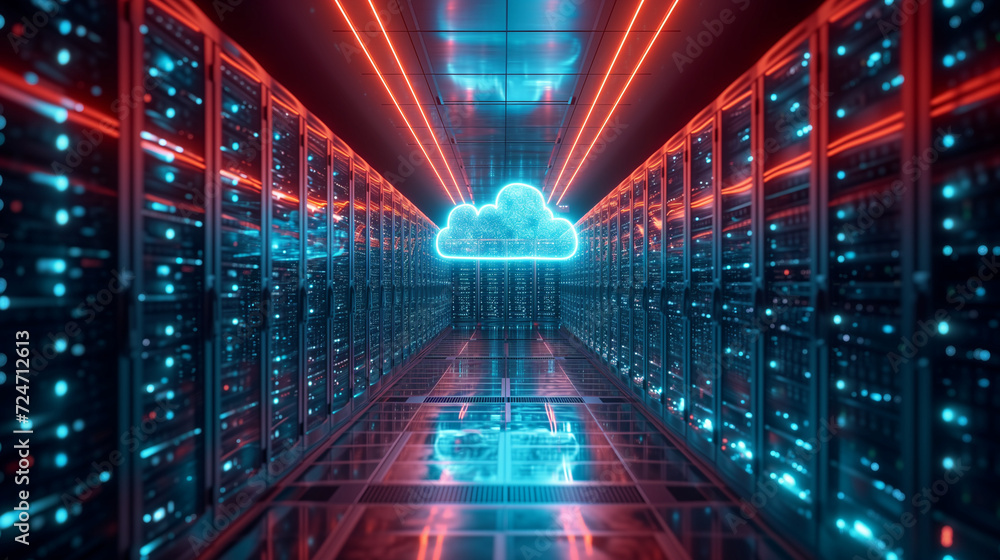 Corridor in Working Data Center Full of Rack Servers and Supercomputers with Cloud Storage ...