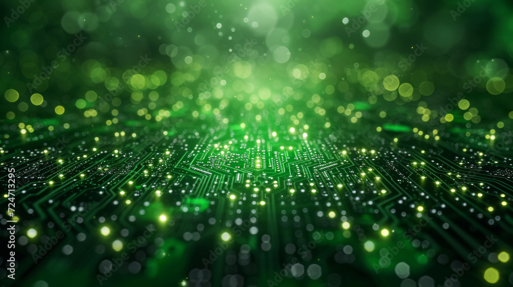 Data Pulse: Vibrant Tech Ecosystem. Green pulses of data flow on a tech ...
