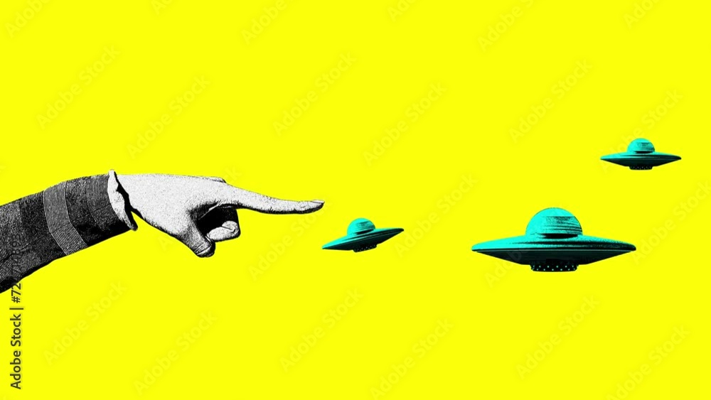 Male hand pointing at ufo against yellow background. Science of cosmos ...