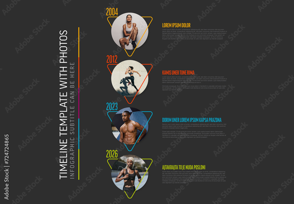 Dark vertical timeline template with photos in circle frames and ...