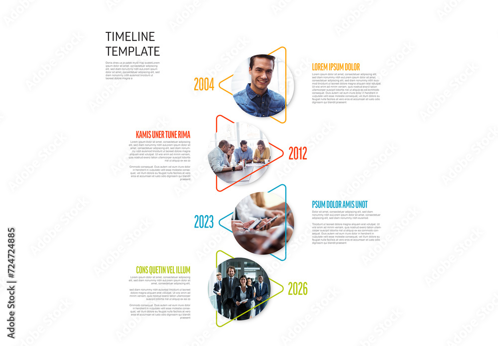 Vertical timeline template with photos in circle frames and triangle ...