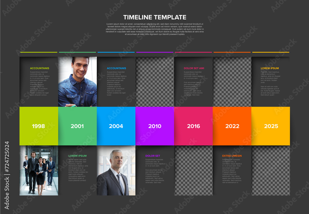 Simple dark mosiac timeline infographic with big photo placeholders ...