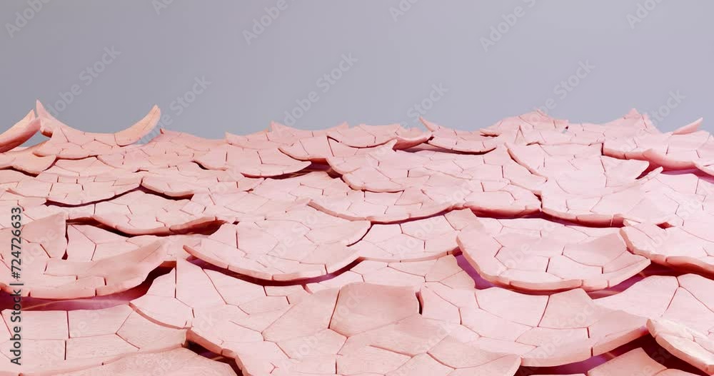 3d animation of the stylized structure of dry skin. Flakes peel off ...