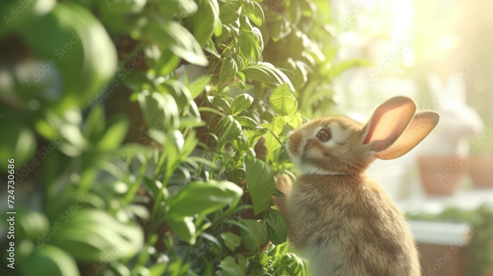 Basil plant being eaten by cute bunny in a green vertical garden. Bunny ...