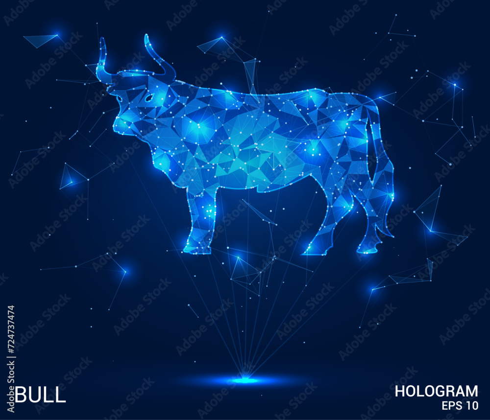 The bull hologram. A bull made of polygons, triangles of points and ...