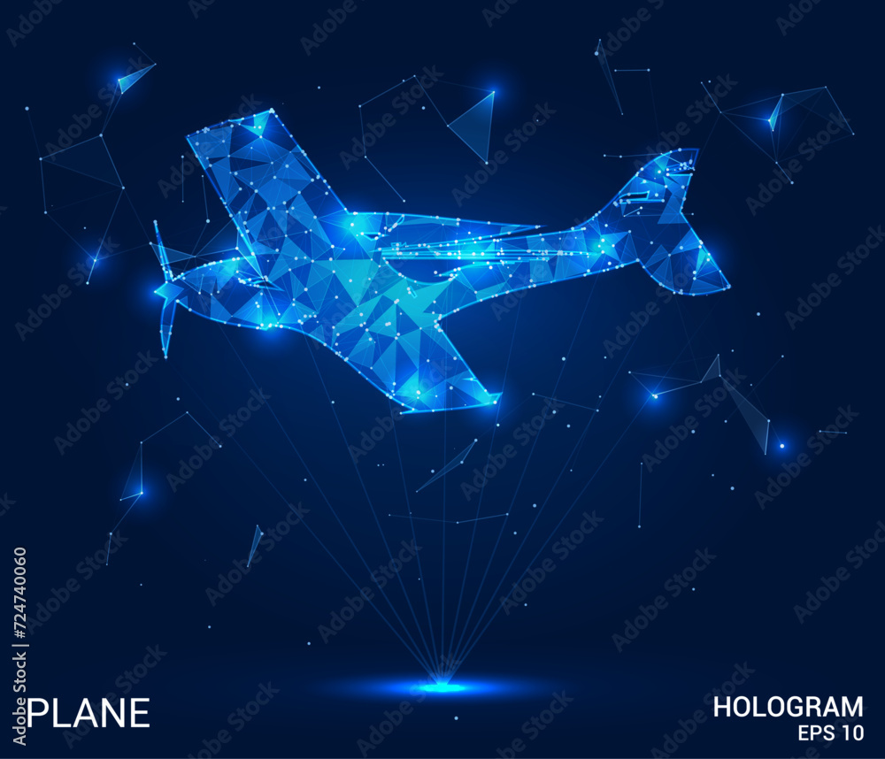 A hologram of an airplane. A light-engine aircraft made of polygons ...