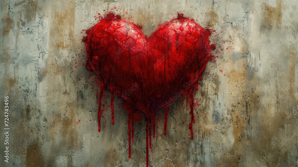 a painting of a heart on a wall with blood dripping down the middle of ...