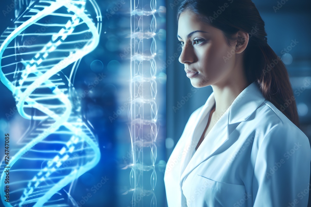 Genetic engineering. Female scientist works against the background of ...