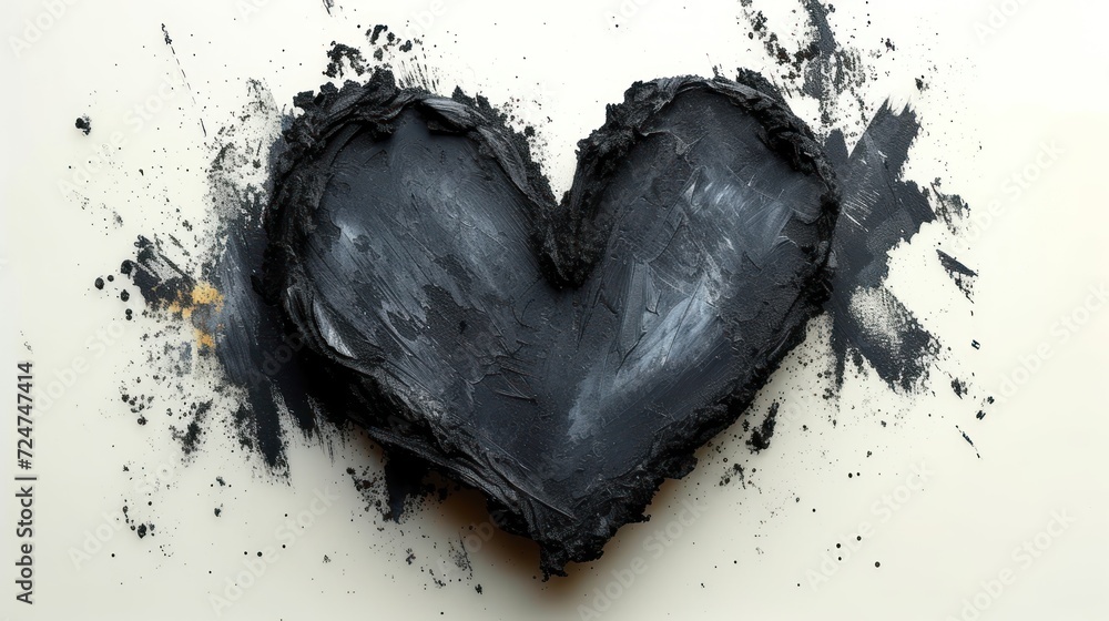 a heart shaped piece of black paint on a white surface with black paint ...