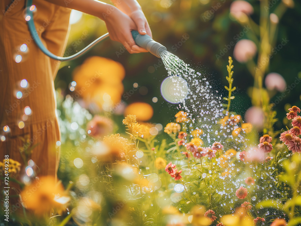 Woman Holding Watering Can and Watering Flowers in the Graden ...