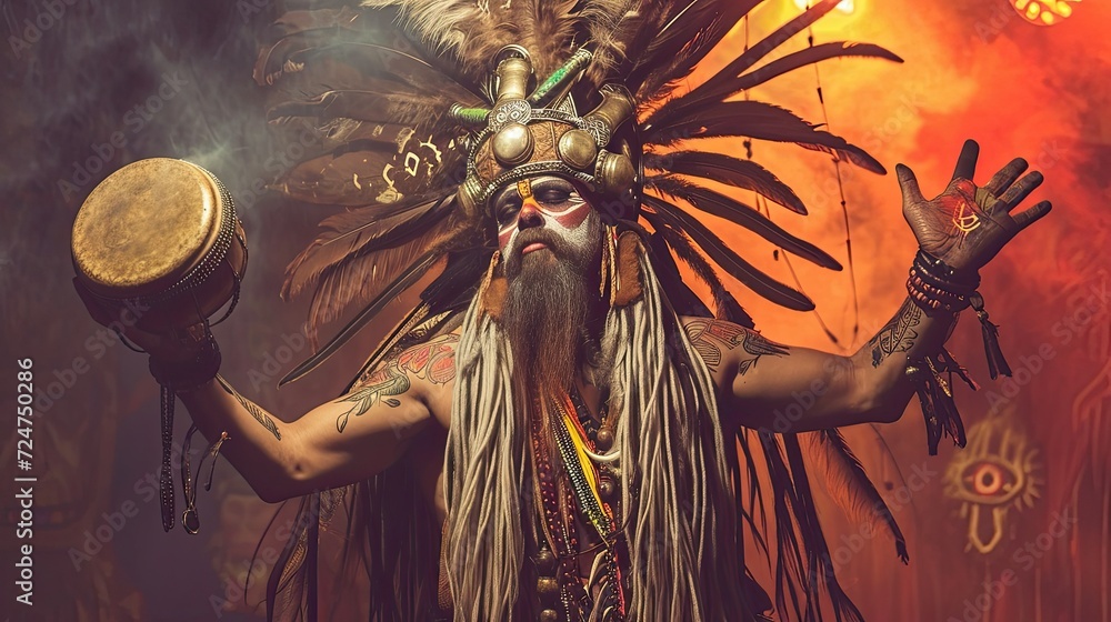 A traditional shaman in ceremonial attire, invoking ancestral spirits ...