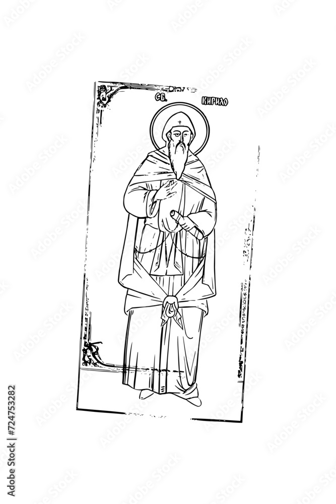 Orthodox vintage stamp of Saint Cyril. Christian illustration black and ...